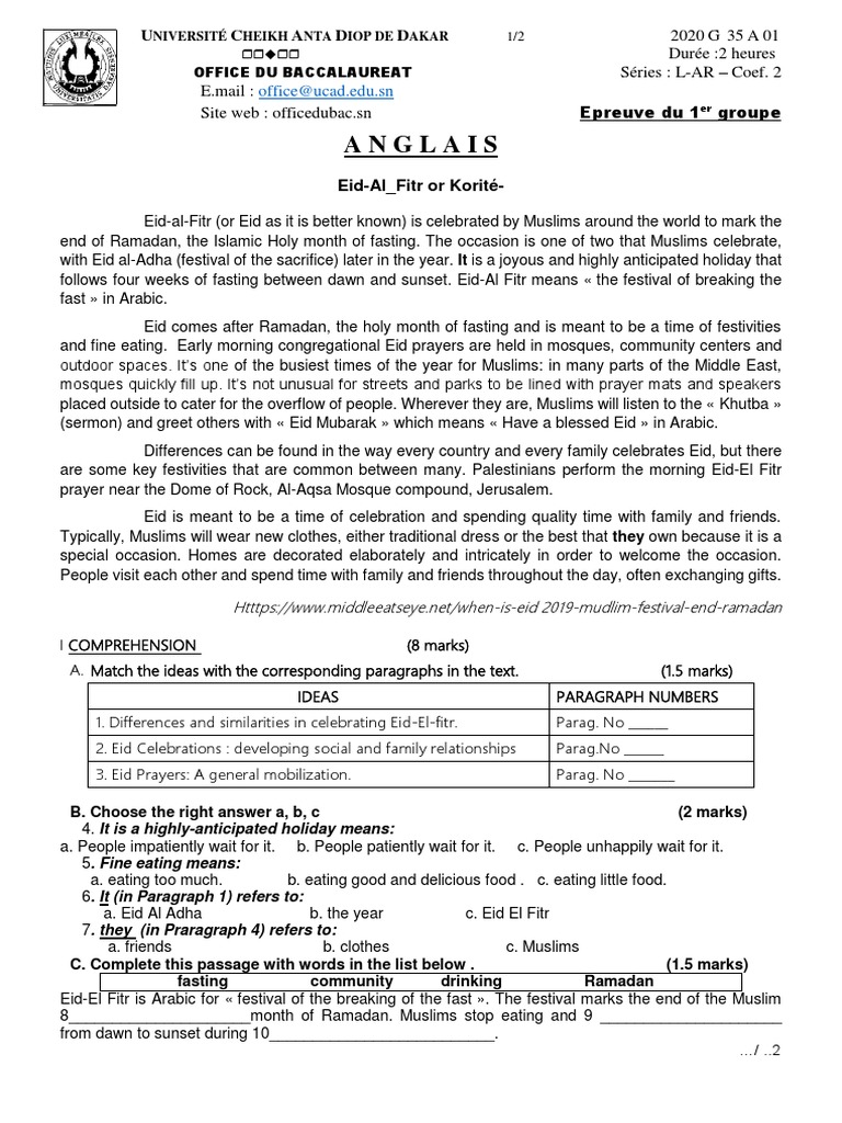 Sujet Ang Lar GP1 2020 | PDF | Ramadan | Mosque