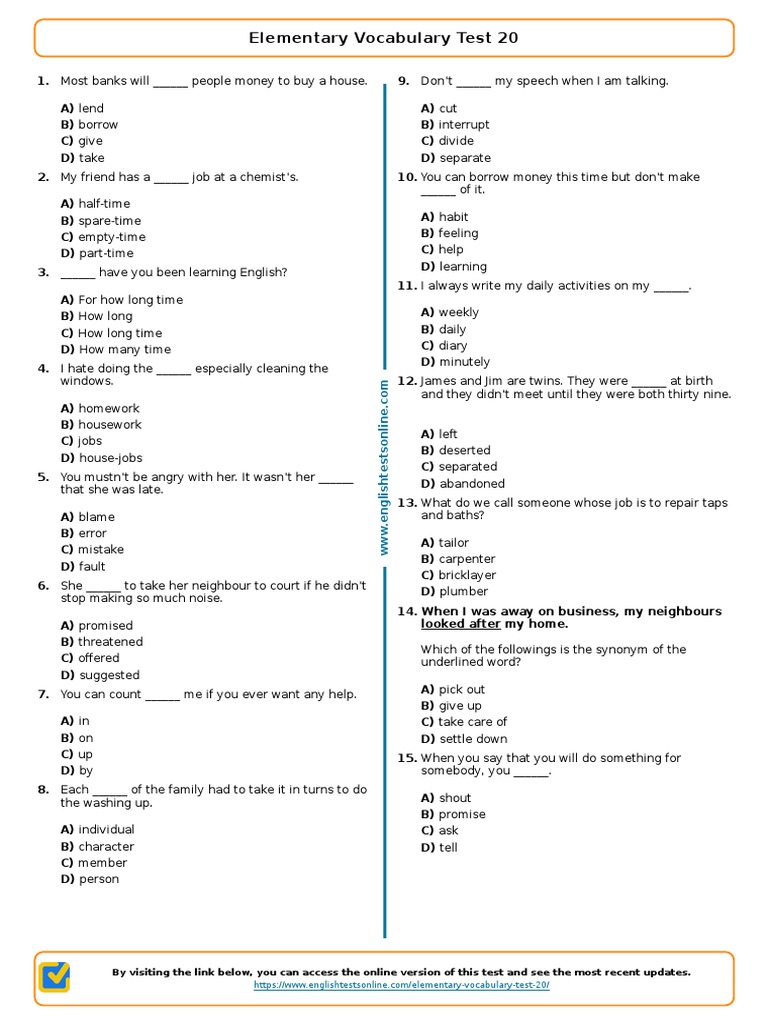 1633 - Elementary Vocabulary Test 20 | PDF