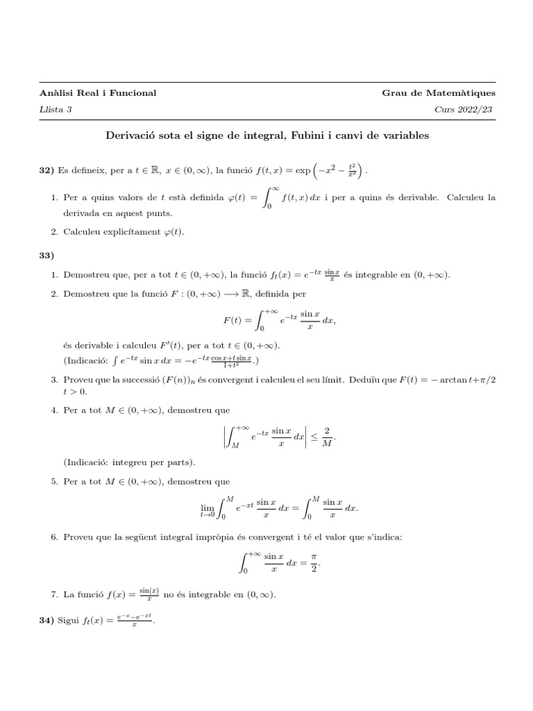 Pro03-Derivació Sota El Signe D' Integral, Fubini I Canvi de Variables | PDF