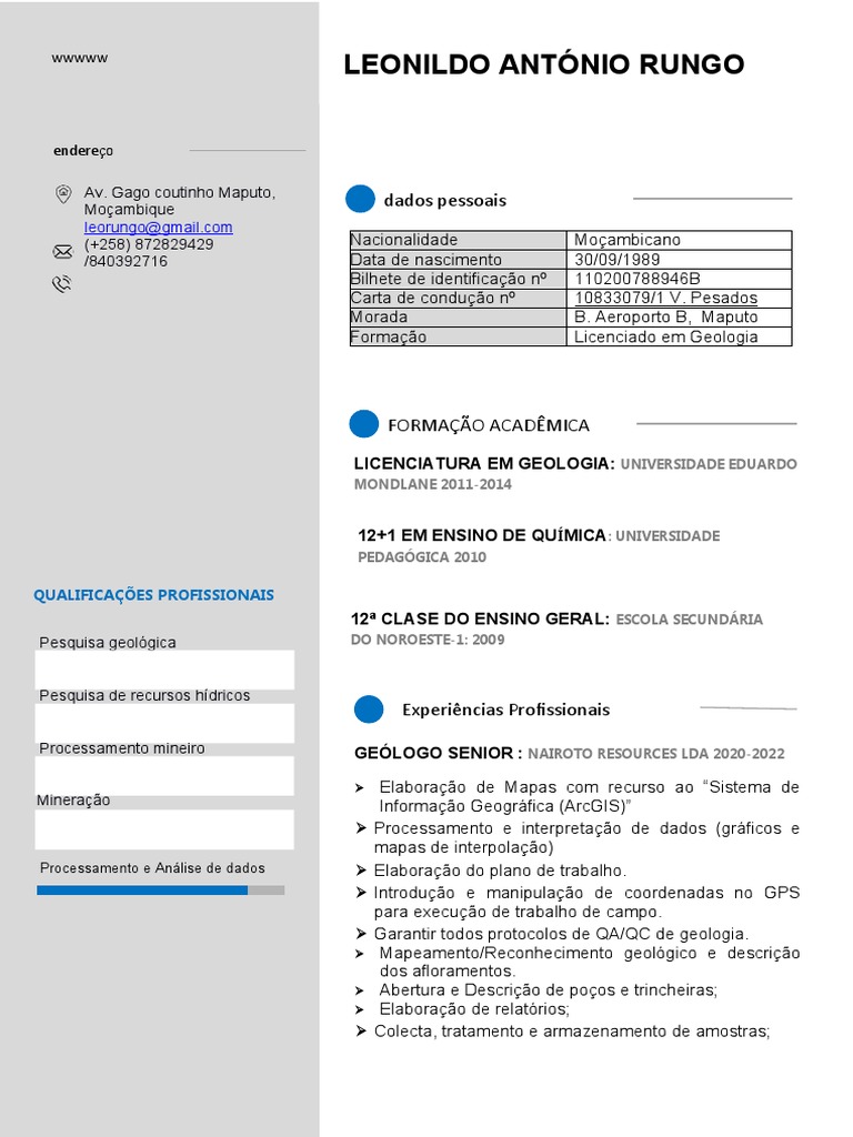 Curriculo Profissional - Rungo (11 | PDF | Geologia | Geografia Curriculo Profissional - Rungo (11 | PDF | Geologia | Geografia