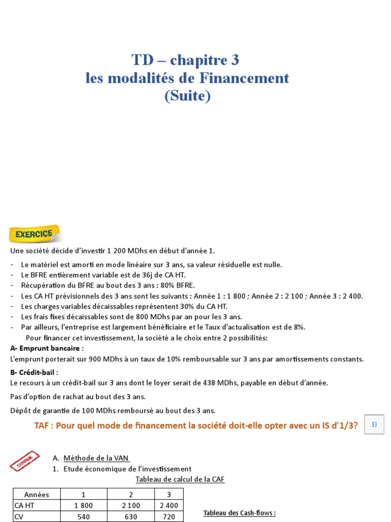 Chapitre 3 - Les Modalités de Financement - TD (Suite) | PDF | Prêts | Droit des affaires