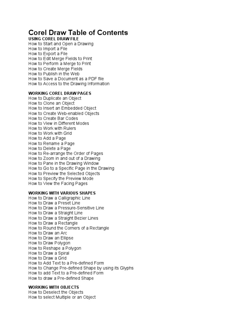 Corel Draw Table of Contents Guide | PDF | Shape | Drawing