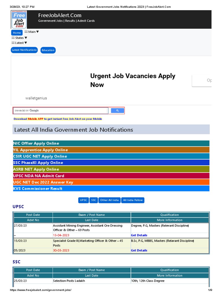Latest Government Jobs Notifications 2023 | PDF | Academic Degree ...