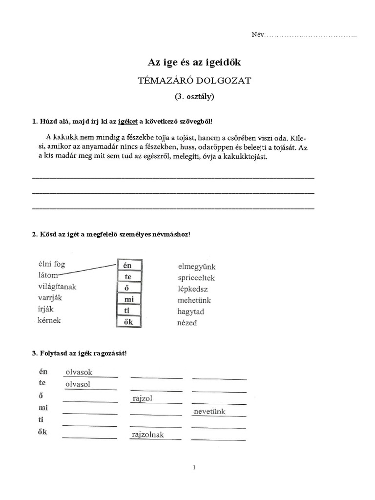 Témazáró - Az Ige És Az Igeidők | PDF