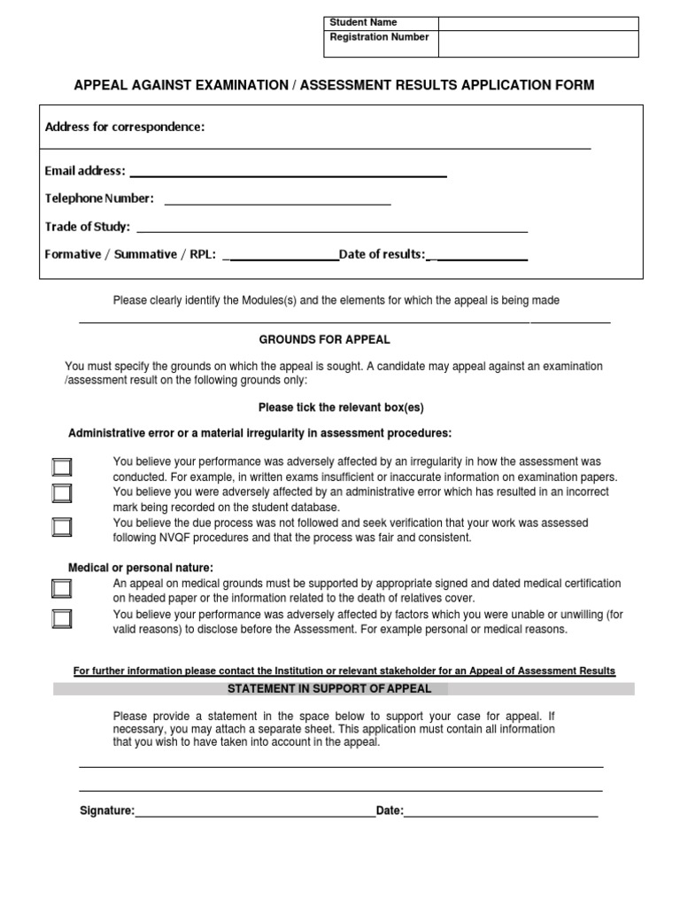 Appeal Against Examination / Assessment Results Application Form | PDF
