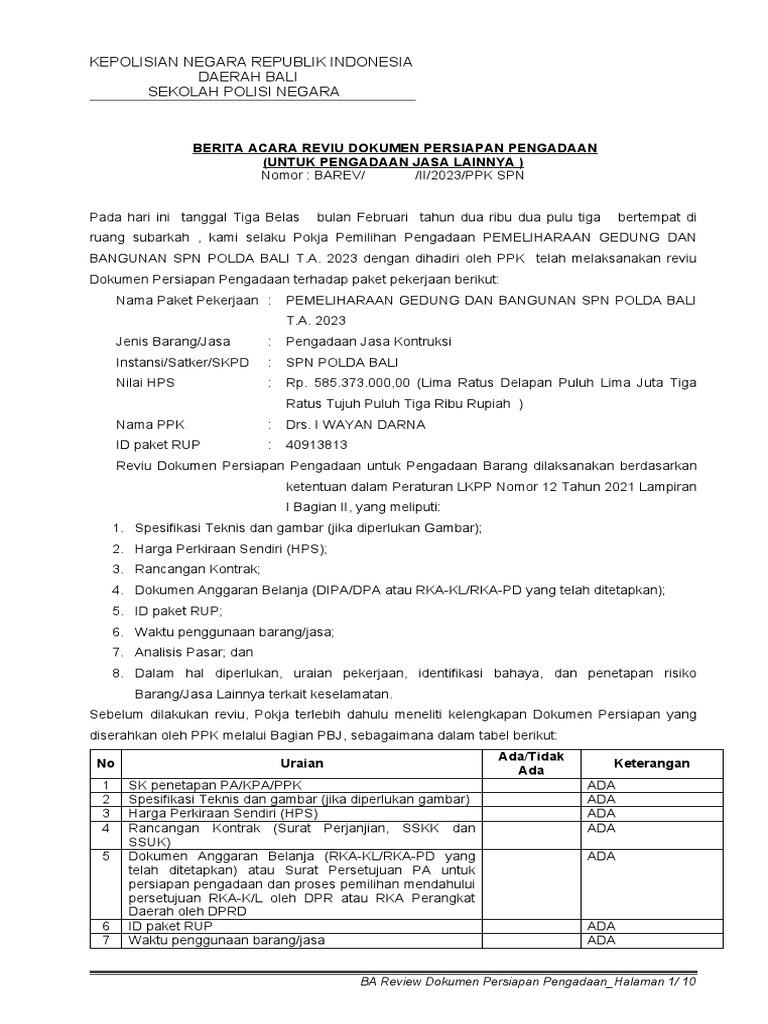 BA - Reviu Dok Persiapan - Har Gedung - 2023 | PDF