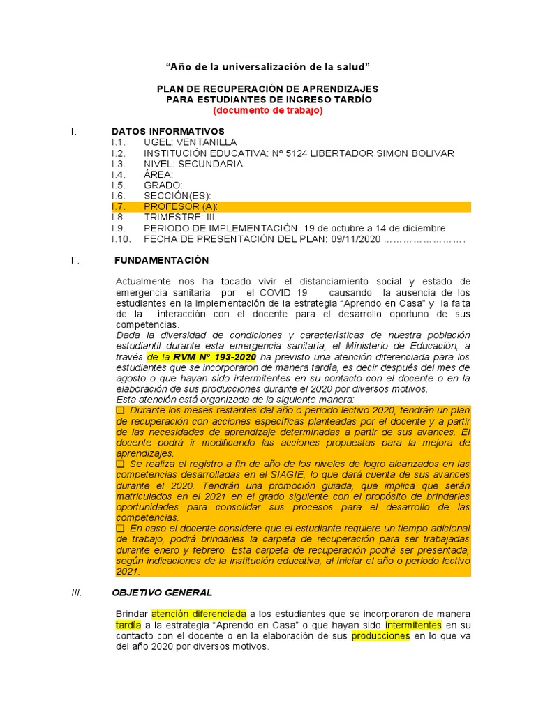 Formato - Plan de Recuperación | PDF | Maestros | Aprendizaje