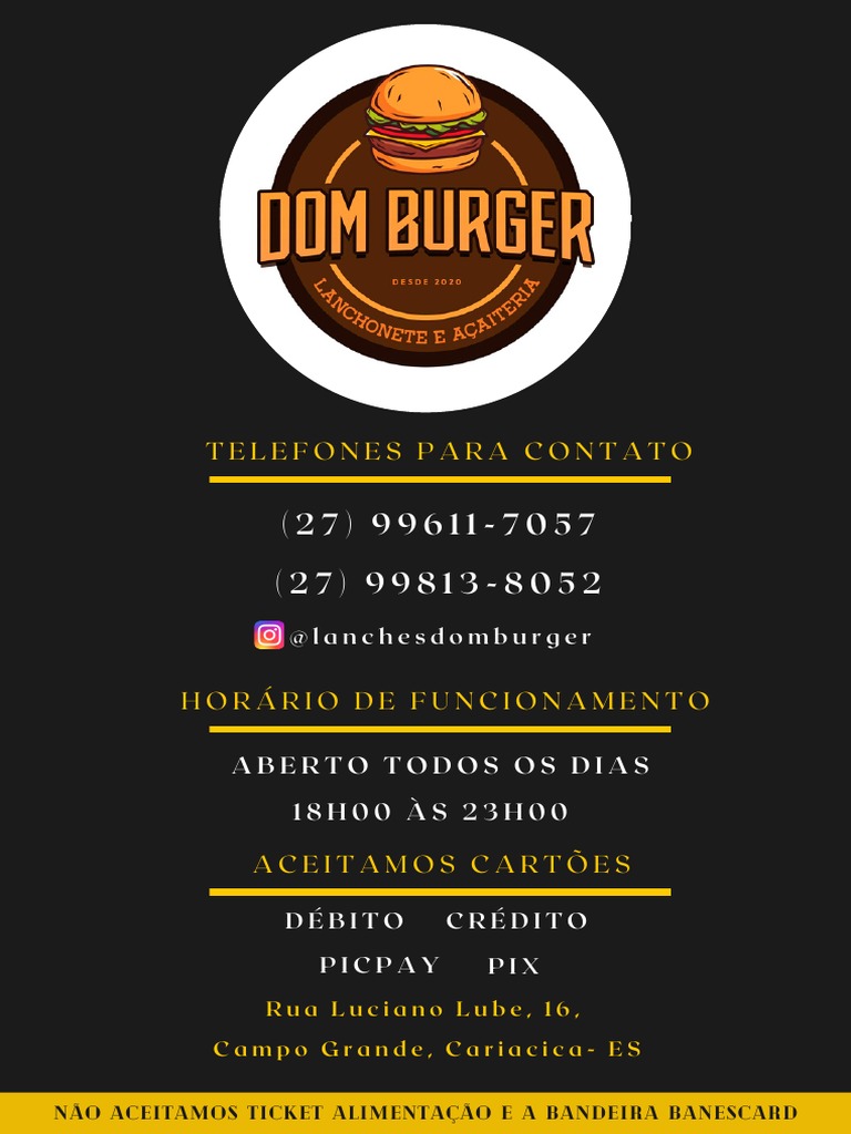 Cardápio Dom Burger!!! | PDF | Milkshake | Hambúrgueres