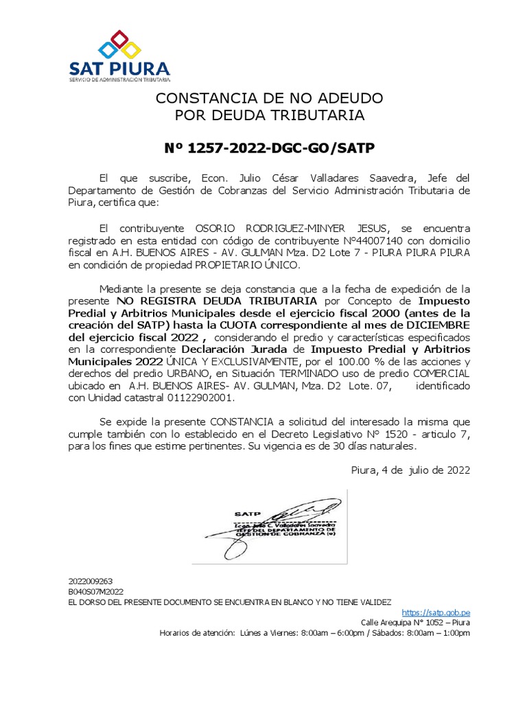 Formato de Constancia Predial, Perú | PDF