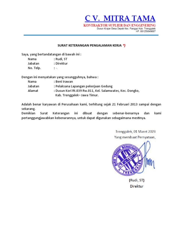 SURAT KETERANGAN PENGALAMAN KERJA | PDF