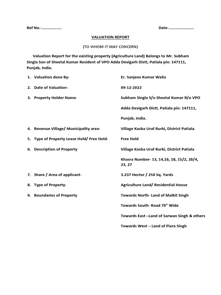 Valuation Report for Agricultural Land and Residential Property Owned ...