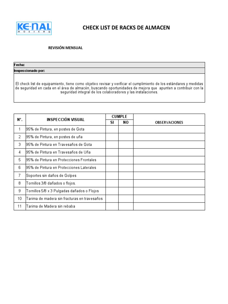 Check List de Racks Almacen | PDF