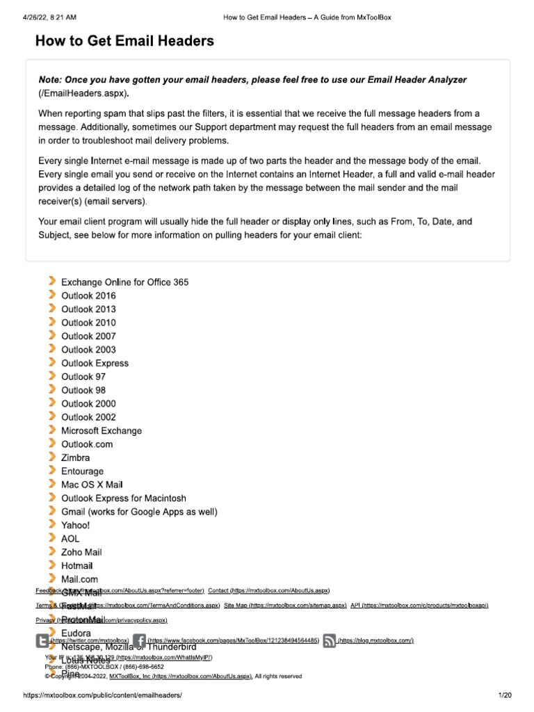 How To Get Email Headers - A Guide From MxToolBox | PDF