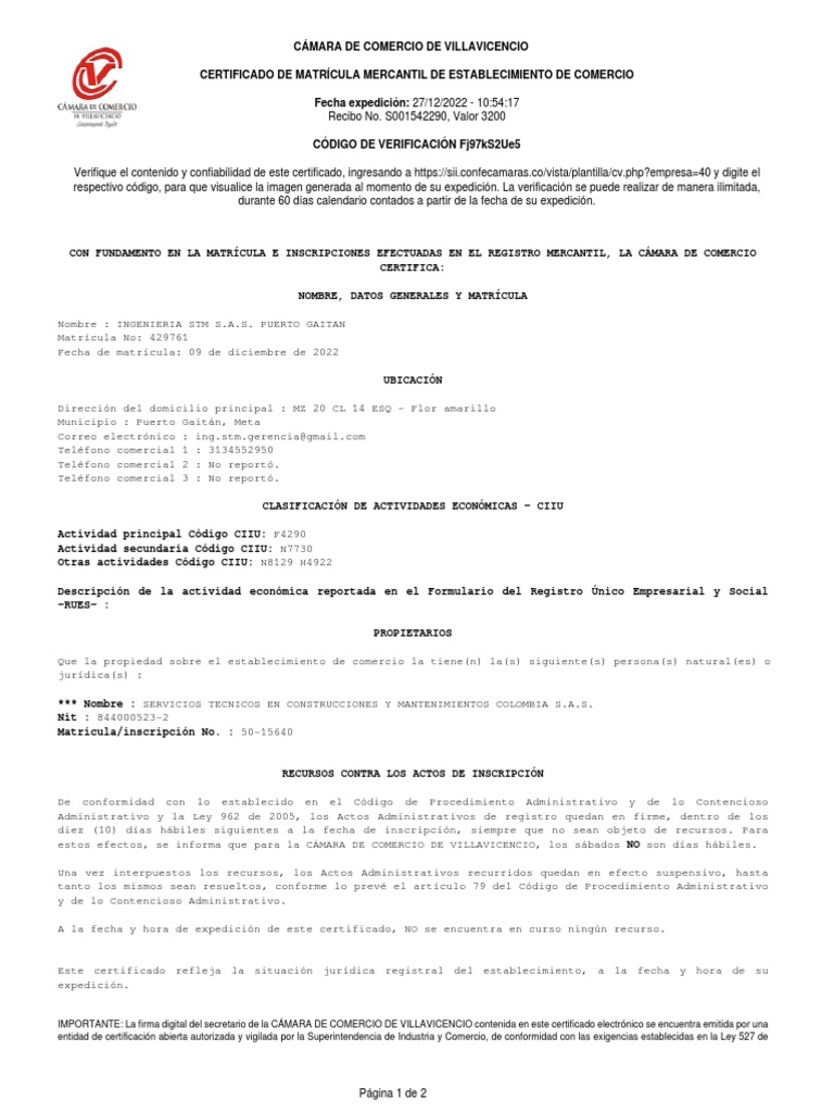 Certificado Matricula STM, Vcio | PDF | Business