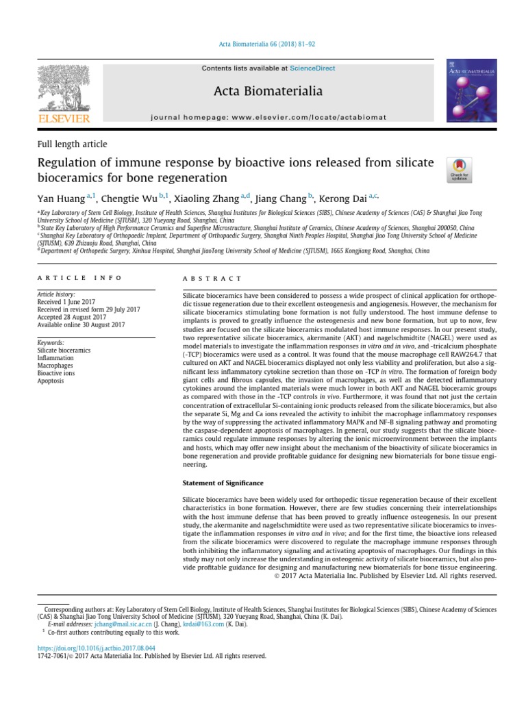 Acta Biomaterialia: Yan Huang, Chengtie Wu, Xiaoling Zhang, Jiang Chang, Kerong Dai | PDF ...