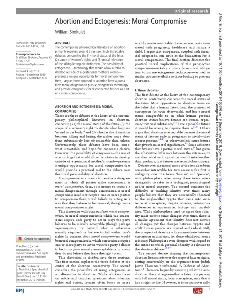 Abortion and Ectogenesis: Moral Compromise: William Simkulet | PDF ...