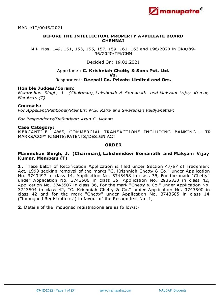 C Krishniah Chetty and Sons PVT LTD Vs Deepali Co ...