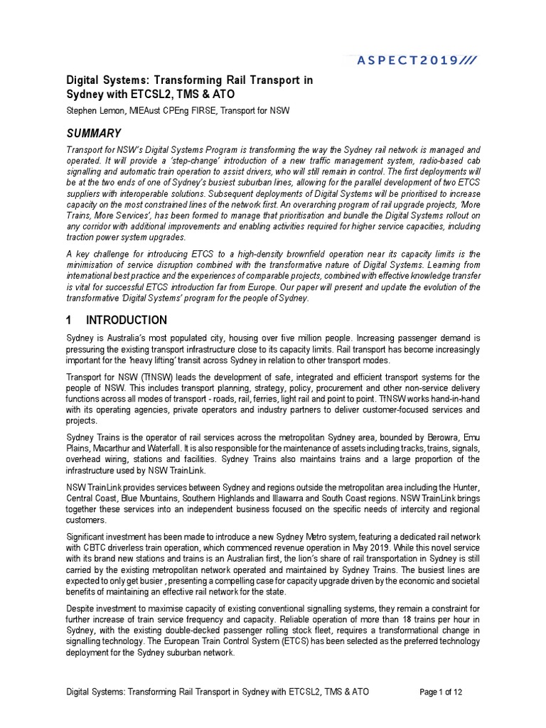 Digital Systems Transforming Rail in Sydney (ASPECT 2019 Paper) | PDF ...