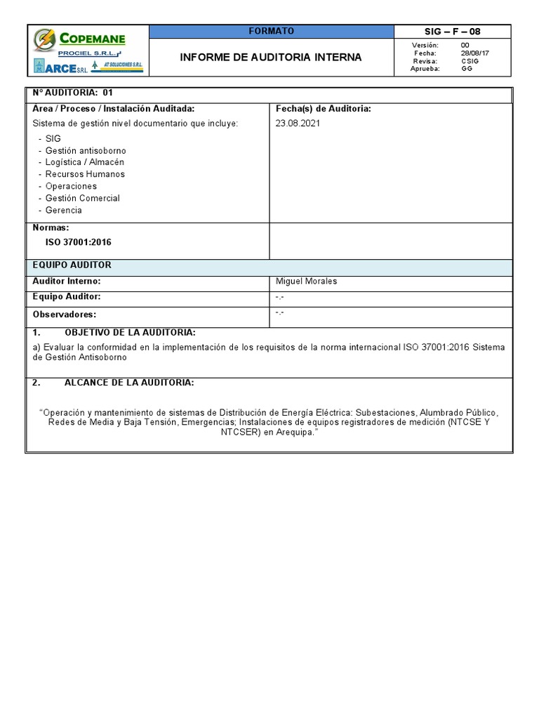 Informe de Auditoria Interna: Formato | PDF | Auditoría | Economias