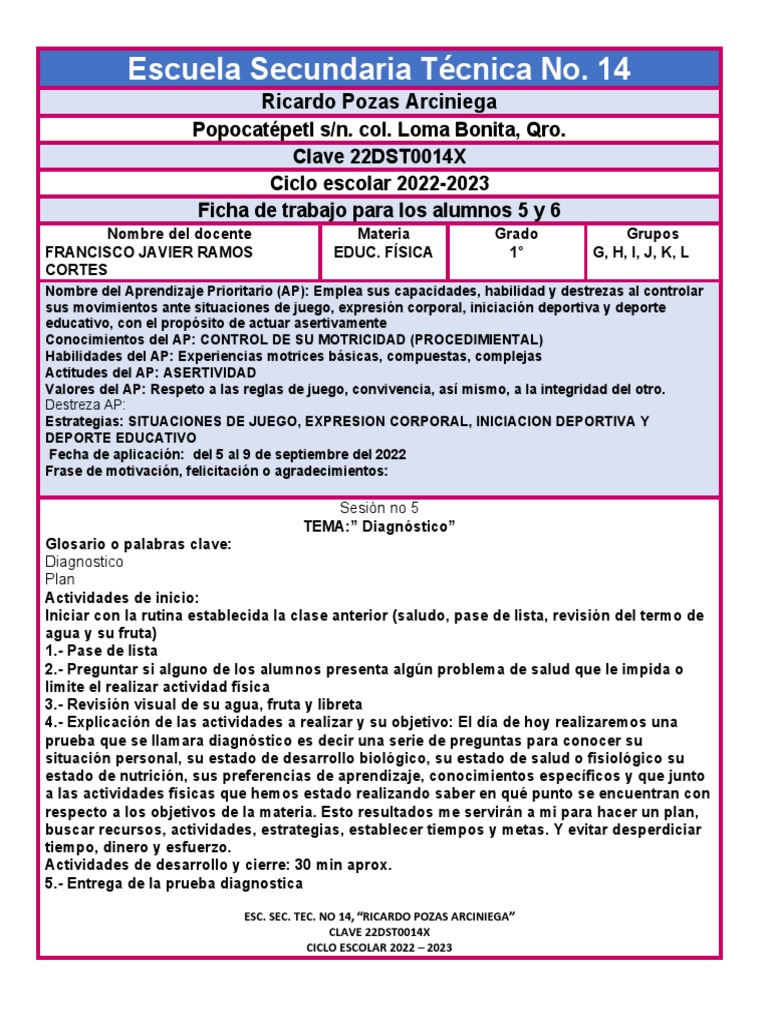 TEC 14 FICHA SEMANAL PARA LOS ALUMNOS 1er Grado no 5 y 6 2022-2023 Diagnótico conceptual | PDF