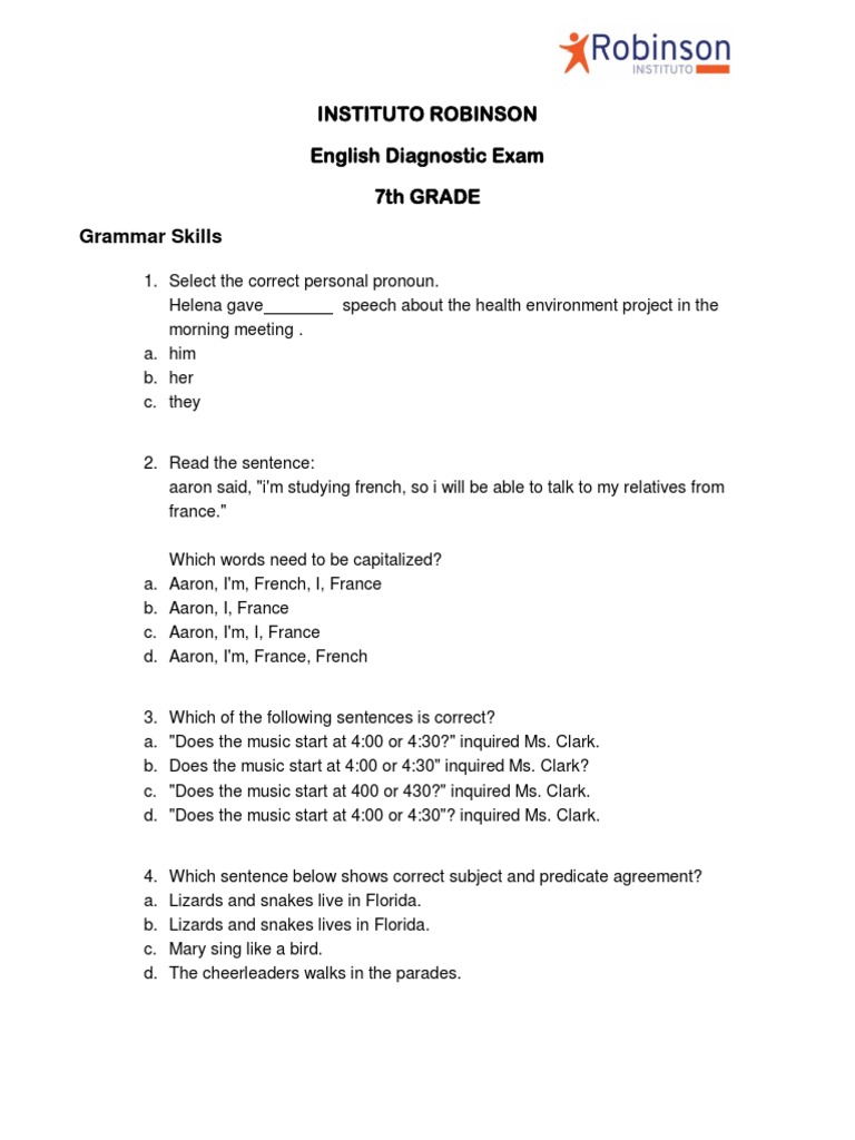 7th Grade English Diagnostic | PDF | Gases | Matter