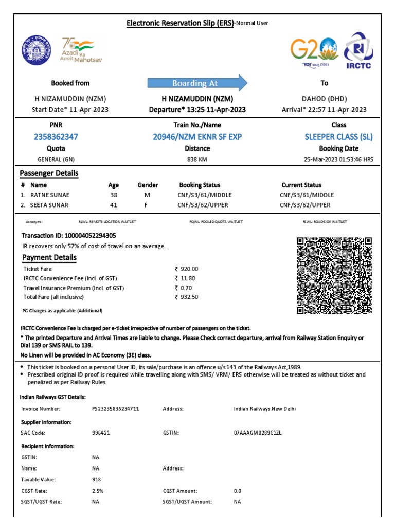 20946/Nzm Eknr SF Exp Sleeper Class (SL) | PDF | Identity Document