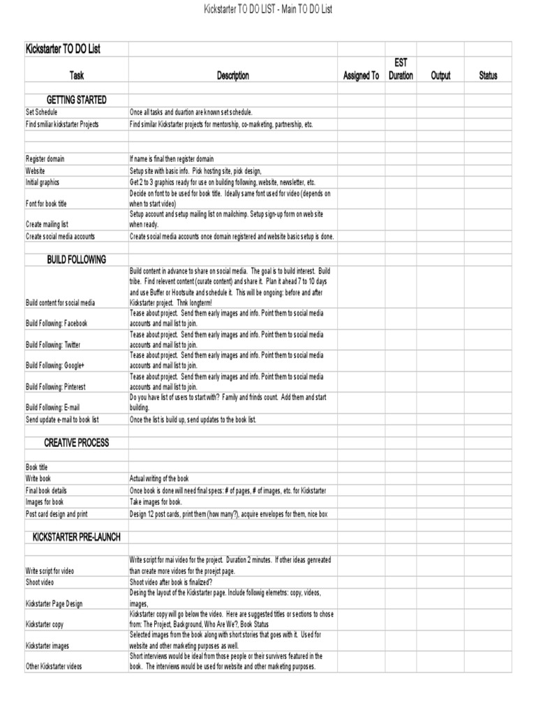 Kickstarter Planning Document: TO DO List and Project Details for Publishing Book | PDF | Books ...