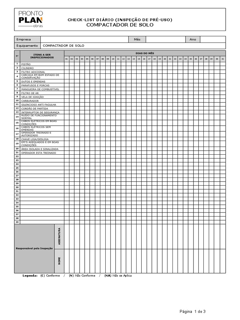CHECK LIST DIÁRIO COMPACTADOR DE SOLO-mensal | PDF