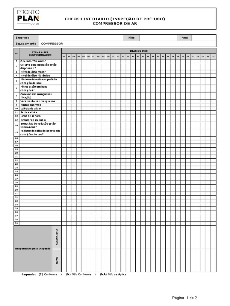 CHECK LIST DIÁRIO COMPRESSOR - Mensal | PDF