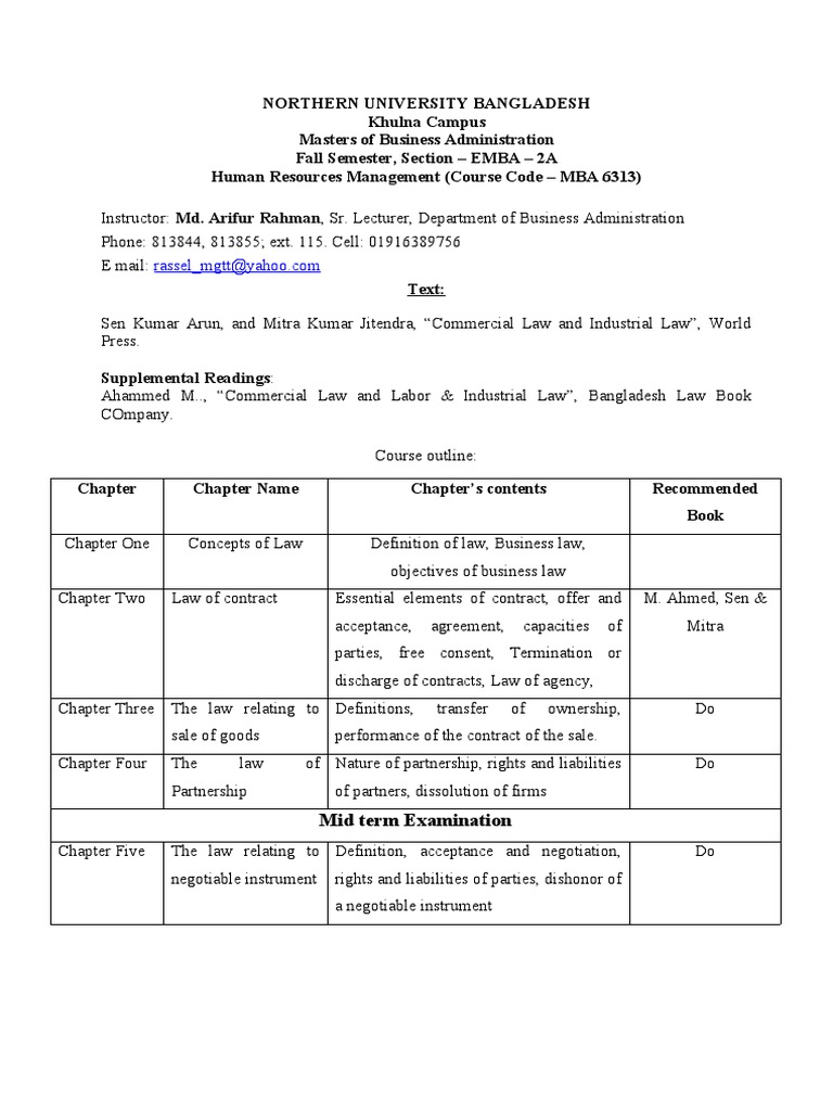 Course Outline Business Law | PDF | Partnership | Master Of Business ...