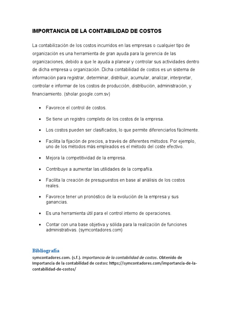 Importancia de La Contabilidad de Costos. Marisol | PDF