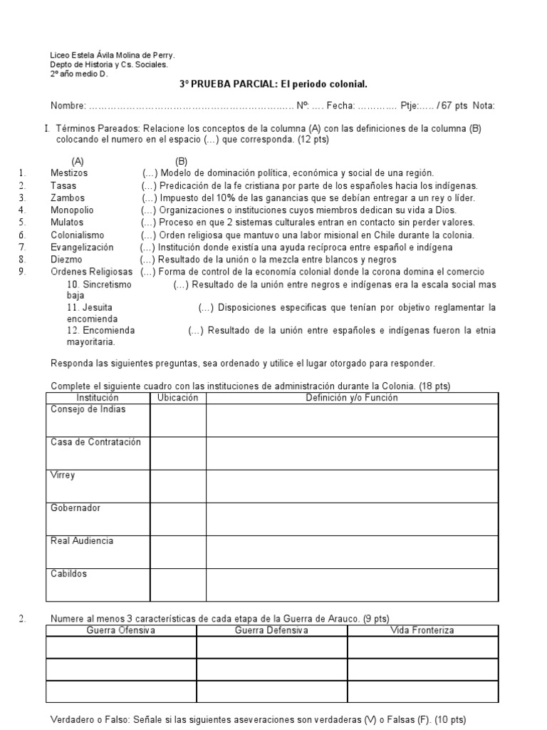Prueba de Historia: Periodo Colonial | PDF | Nueva españa | Agitación