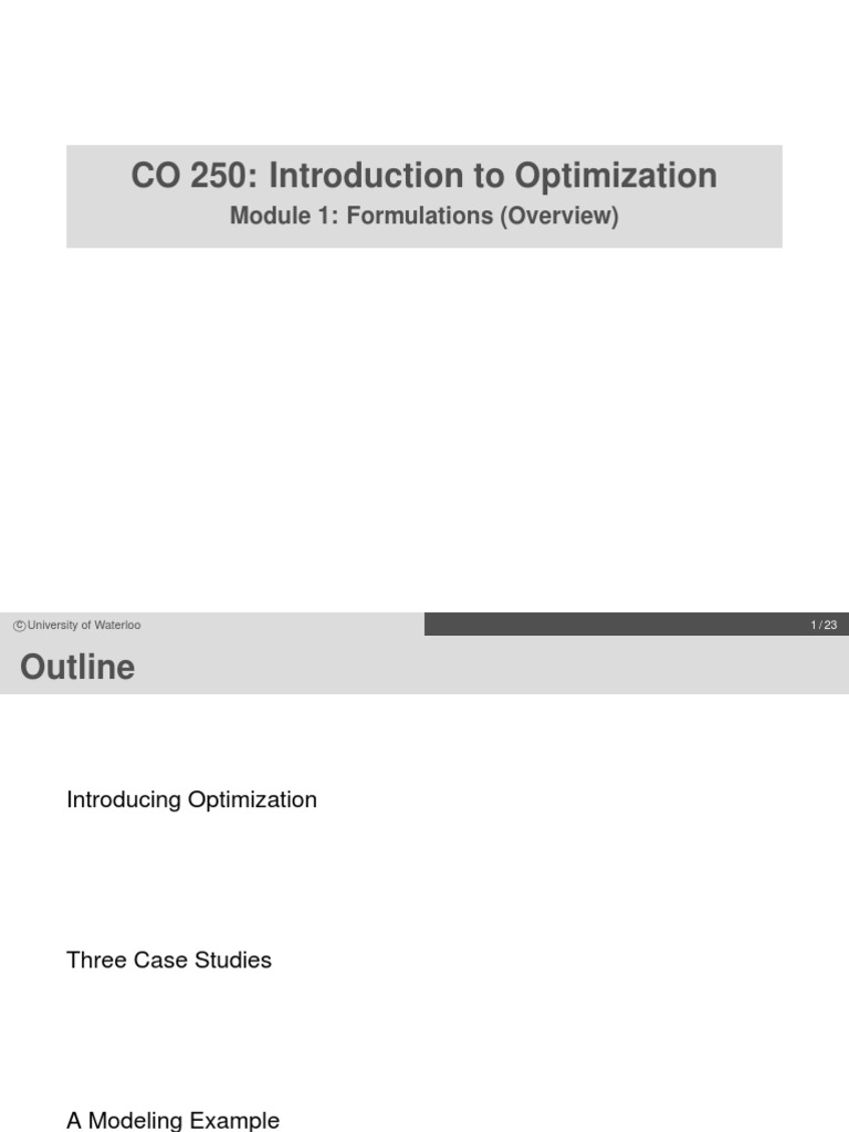 CO 250: Introduction To Optimization: Module 1: Formulations (Overview ...