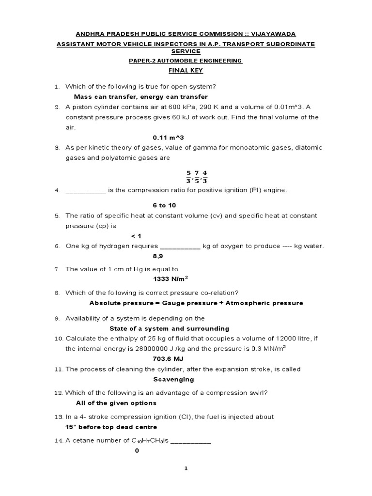 APPSC AMVI Automobile Engineering Previous Year Question Paper | PDF | Gear | Diesel Engine