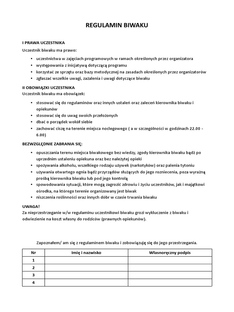 Regulamin Biwaku: I Prawa Uczestnika | PDF