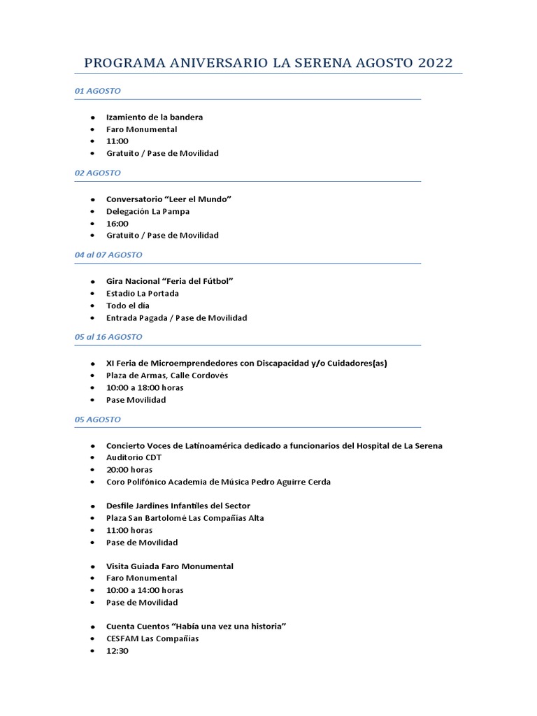 Programa Aniversario La Serena Agosto 2022 Marketing | PDF
