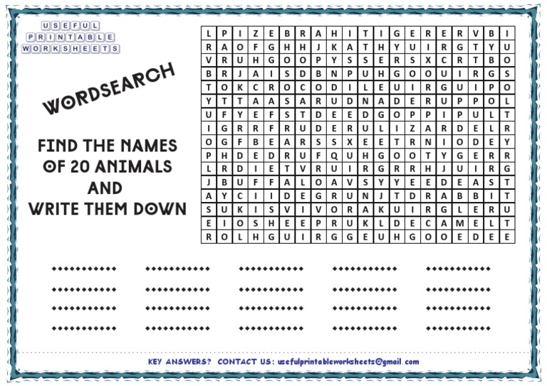 Wordsearch: Find The Names of 20 Animals AND Write Them Down | PDF