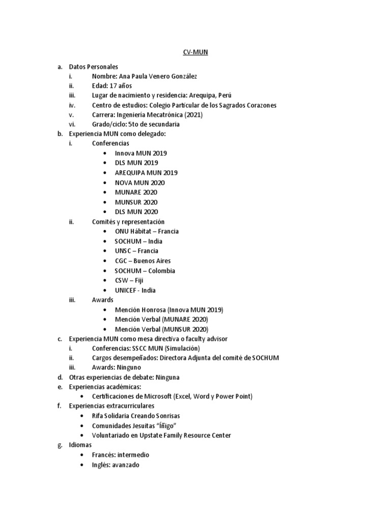 Ana Paula Venero - CV MUN | PDF