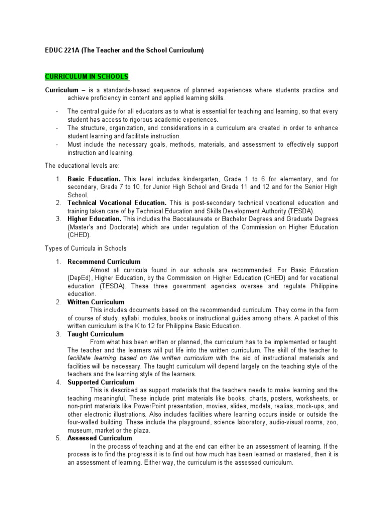 EDUC 221A Compilation | PDF | Curriculum | Learning