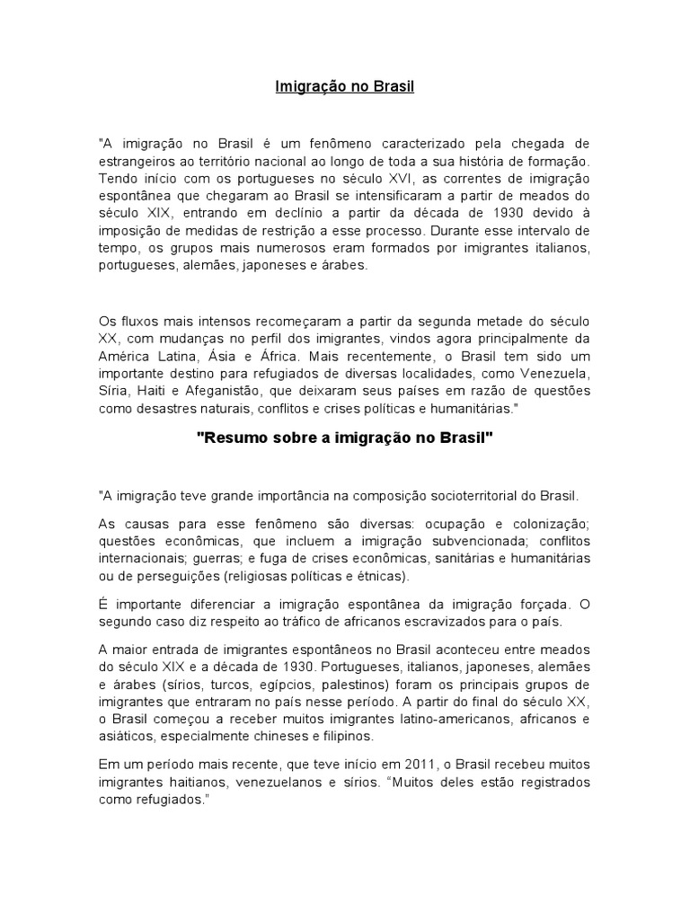 Imigração no Brasil: História e Tendências | PDF