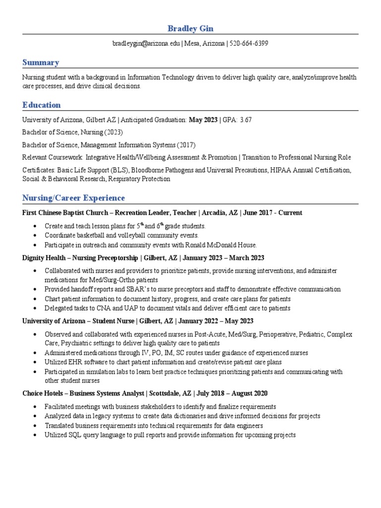 Gin Bradley Resume Nursing Final | PDF | Nursing | Patient