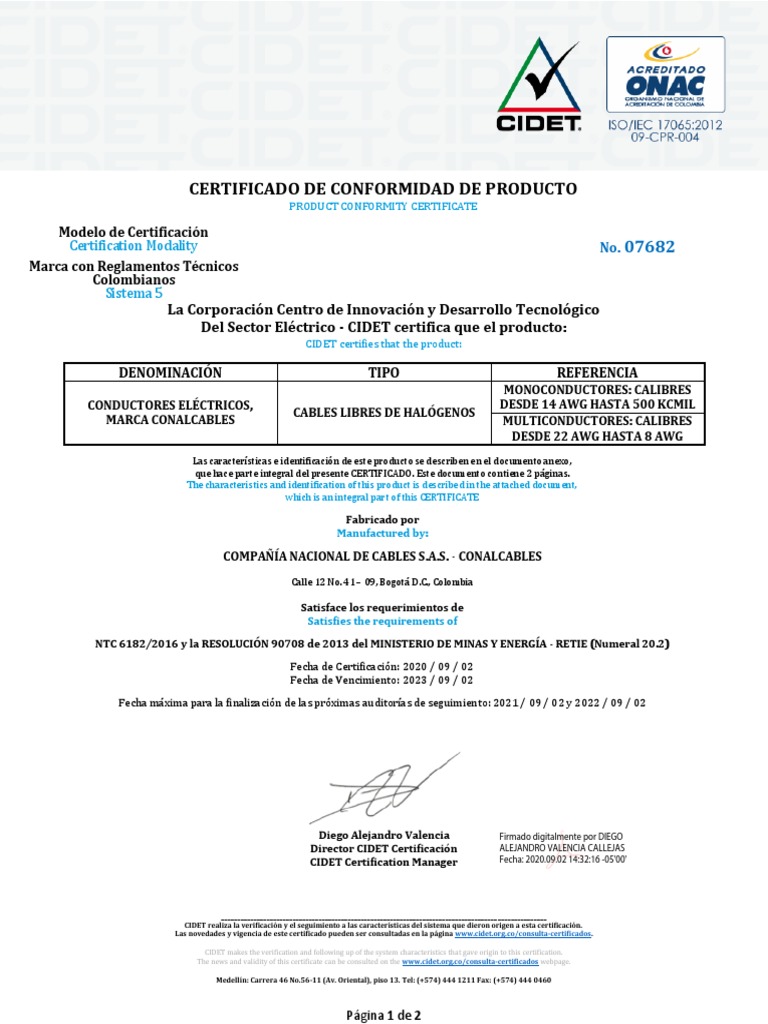 Certificado de Producto-Cable de Cobre Freehal 3x12 AW Conal Cables | PDF | Conductor electrico ...
