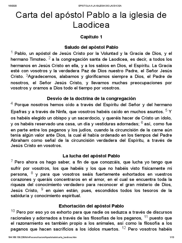 Carta Del Apostol Pablo A Laodicea | PDF | Jesús | Cristo (título)
