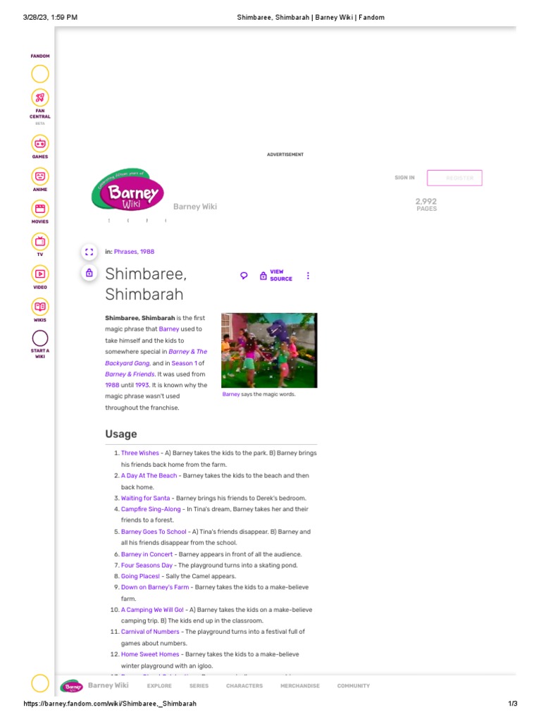 Shimbaree, Shimbarah _ Barney Wiki _ Fandom | PDF | Mass Media