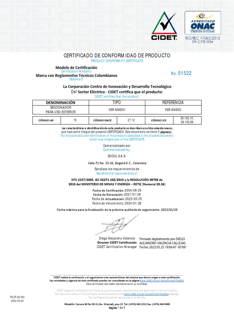 Certificado de Producto-Seccionador Monopolar Tipo Cuchilla de 15 KV ...