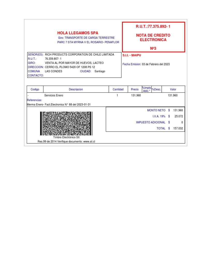 Hola Llegamos Spa R.U.T.:77.375.892-1 Nota de Credito Electronica Nº3 | PDF