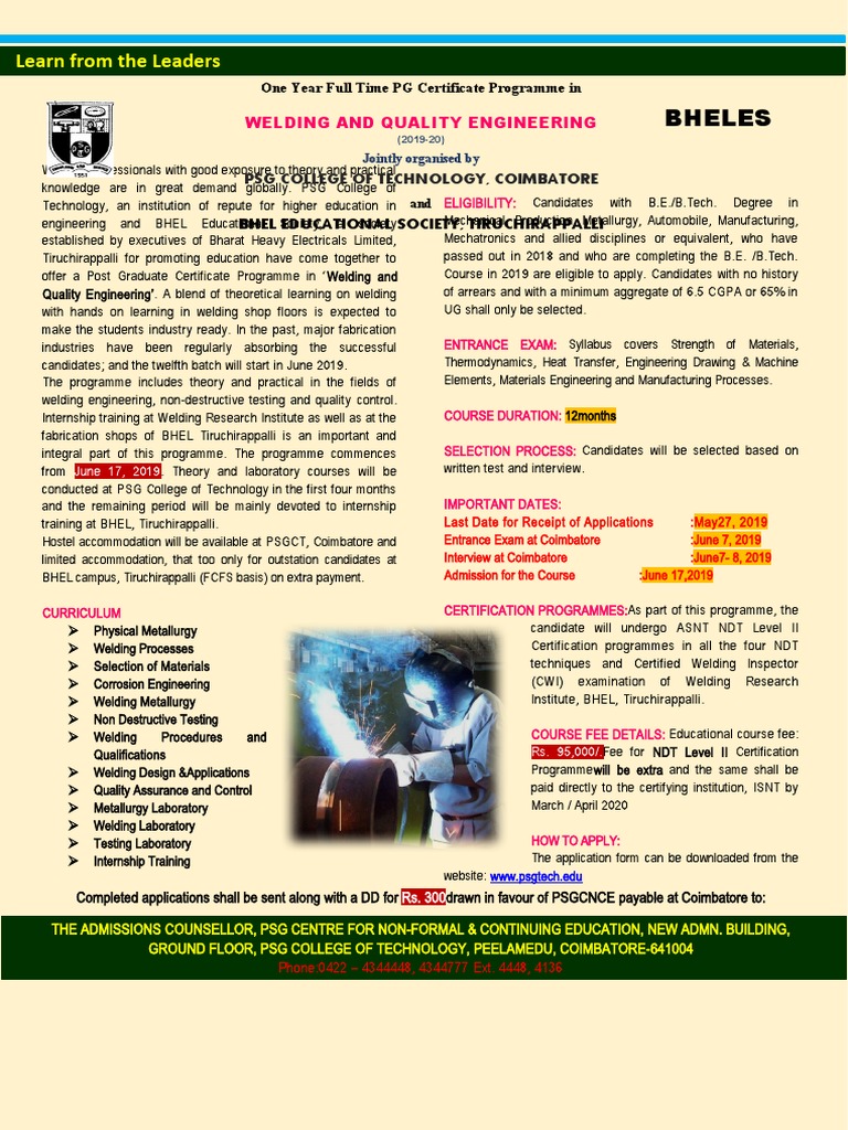 PSG Tech PG Welding Program 2019-20 | PDF | Nondestructive Testing ...