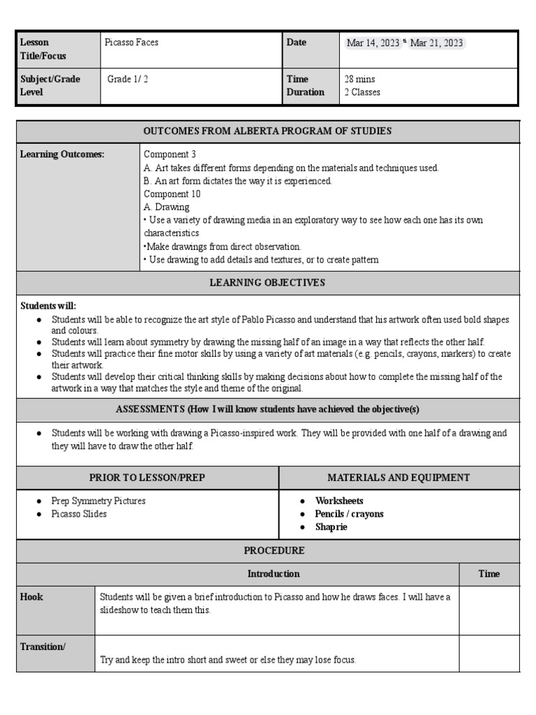 Picasso Art | Download Free PDF | Drawing | Lesson Plan