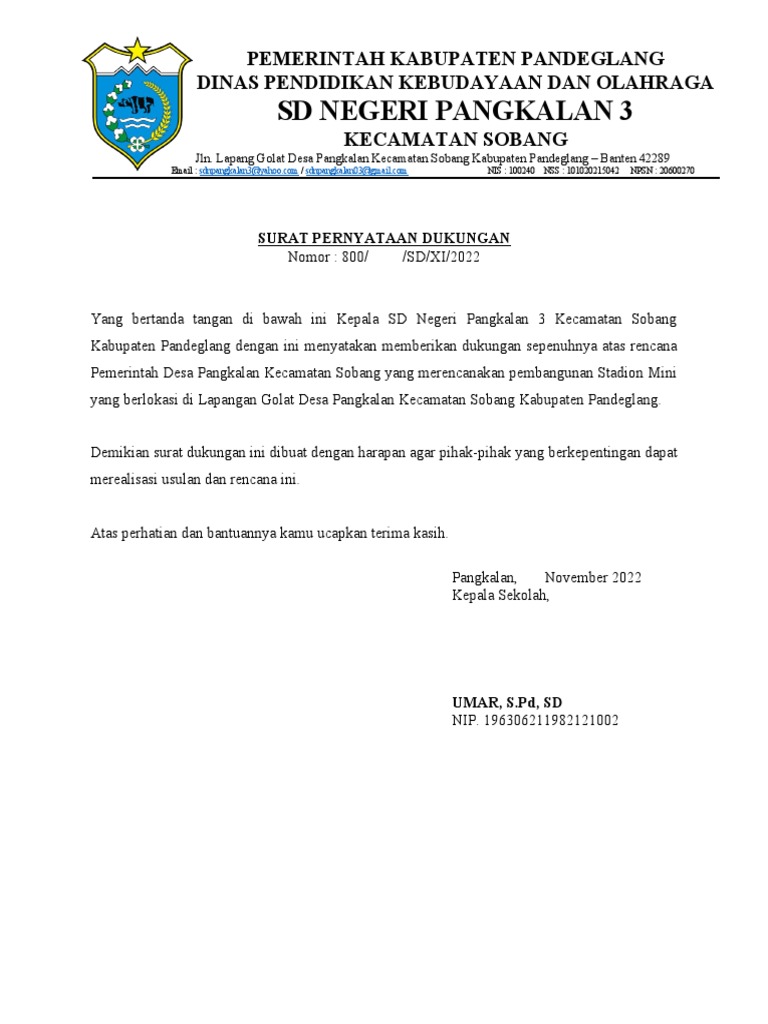 Surat Pernyataan Dukungan Stadion Mini SD | PDF