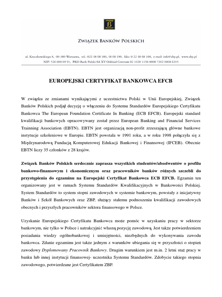 Informacje - Europejski Certyfikat Bankowca EFCB | PDF